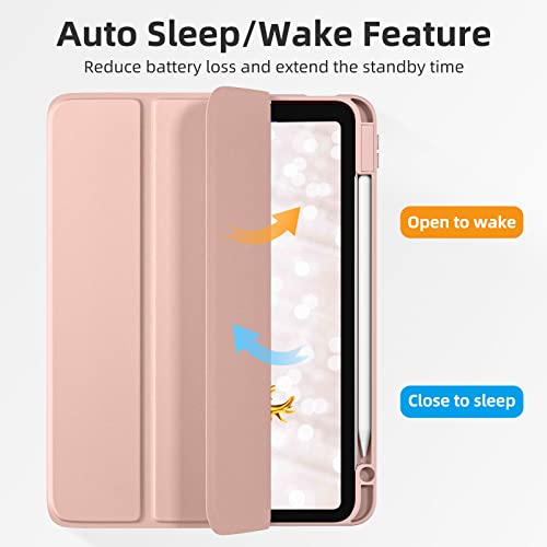 Wenlaty Case Compatible with iPad Air 5th Generation (2022) / 4th (2020) 10.9 Inch Pencil Holder, for 5/4 Case, Slim Smart Cover Clear Back Shell, Rose Pink