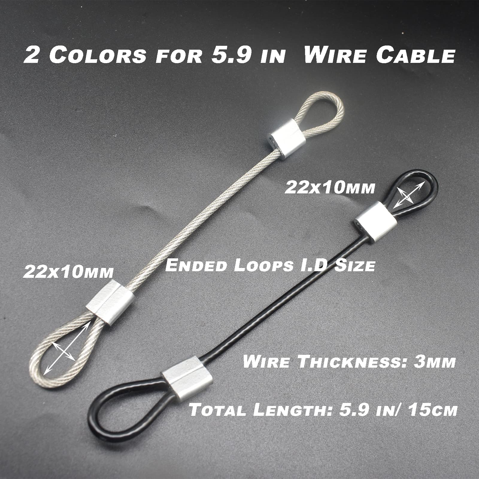 Bytiyar 20 pcs 6 inch (15cm) 3mm Thickness Stainless Steel Wire Cable with Loops Vinyl Cover Coated Short Rope Lanyard Lock Safety Tether Chains, Black