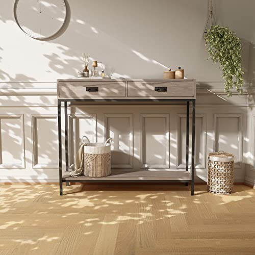 roomfitters Oak Wood Console Table with 2 Drawers, Hallway Foyer Table with Storage Shelves, Narrow Long Sofa Table, Side Table for Living Room, Hallway, Black Metal Frame, Rustic Brown