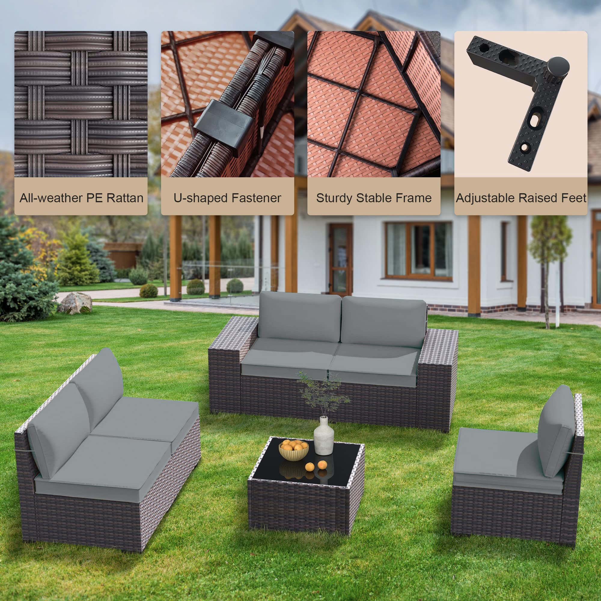 GREZJXC 4 Pieces Outdoor Sectional Patio Furniture Set with Fire Pit Table,PE Rattan Wicker Patio Sectional Conversation Set with Cushions and Glass Coffee Table Grey