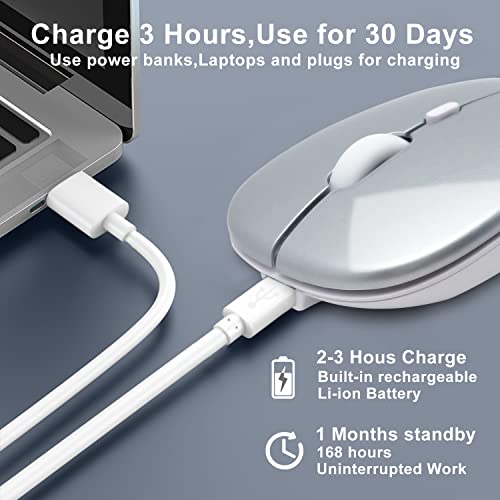 Dolrso Wireless Bluetooth Mouse for iPad/MacBook Pro/Air/Laptop/pc Rechargeable Silent Mouse Portable Slim for Surface Pro/Lenovo/Samsung Tablet (Bright Silver)