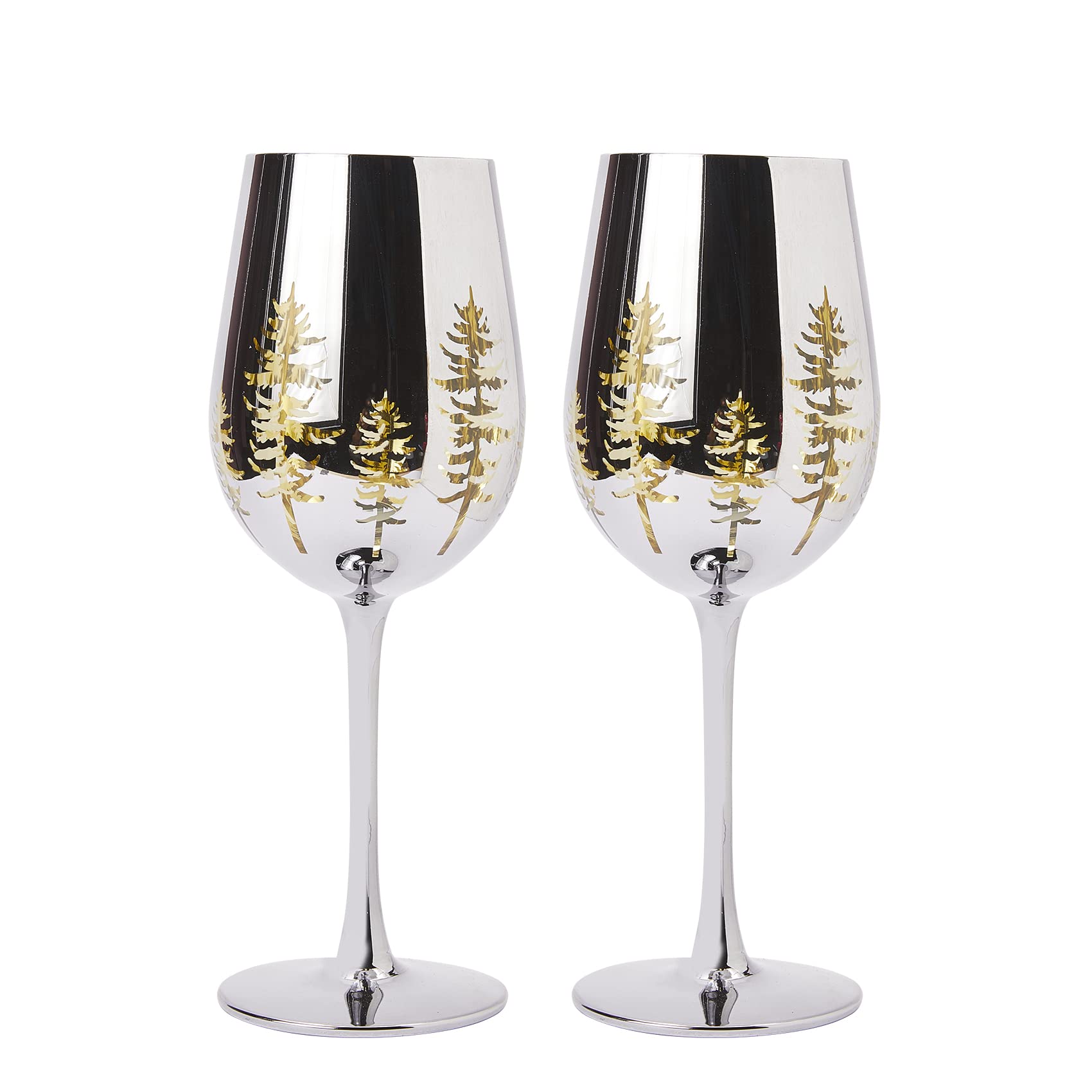 Crystal Winter Tree Wine & Water Glasses - Set of 2 - Gold Themed Vibrant Etched Winter Snow Wonderland Frosted Glass, Perfect for Themed Parties, Gifts for Him & Her Trees Décor