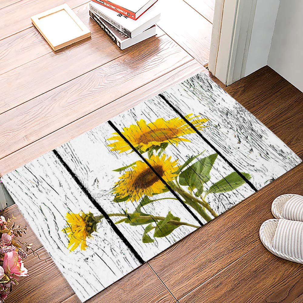 Door Mat for Bedroom Decor, Sunflowers on Wood Floor Mats, Holiday Rugs for Living Room, Absorbent Non-Slip Bathroom Rugs Home Decor Kitchen Mat Area Rug 18x30 Inch