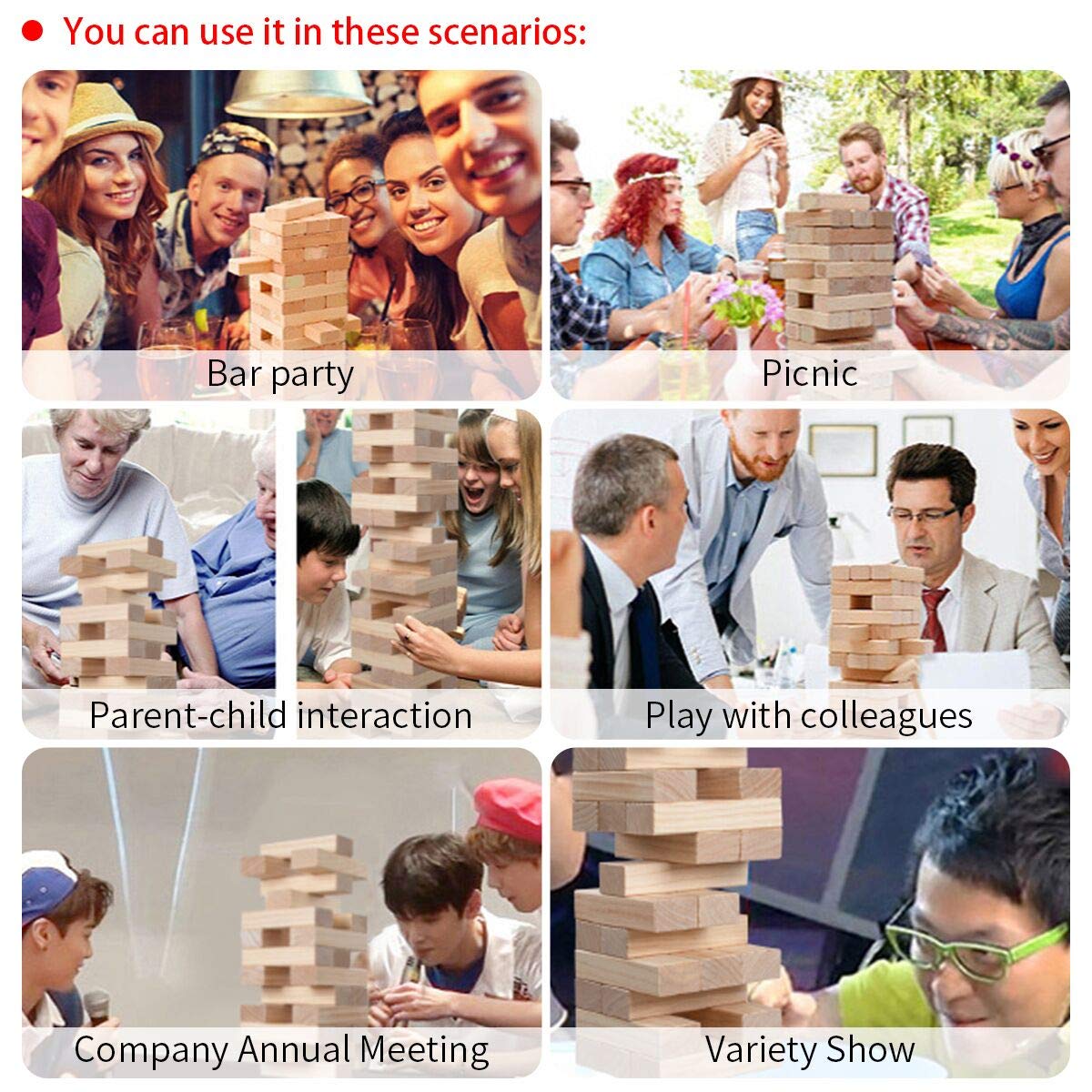 SHAREWIN Giant Tumbling Tower (Stack from 1.77Ft to 4+ Ft), Wood Stacking Giant Blocks Game| Made from Premium Pine Wood| Ideal for Family, 54PCS