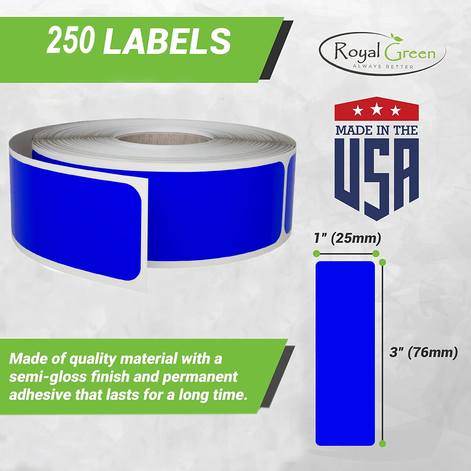Royal Green Rectangular Colored Sticker 1x3 inch (7.5cm x 2.5cm) Neon Green Labels on a Roll 250 Pack
