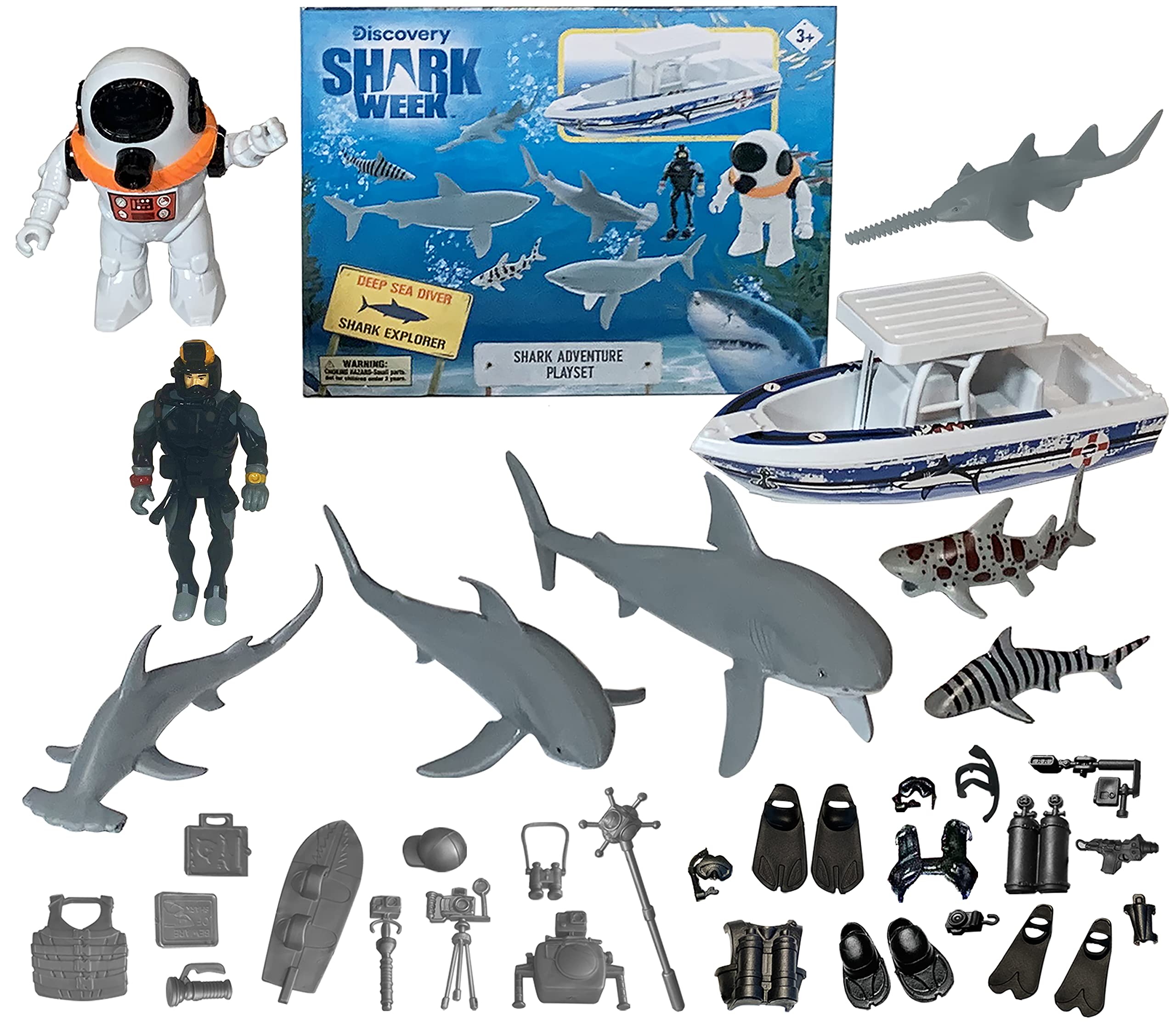 Shark Week Discovery Deep Ocean Explorer Big Toy Playset for Kids, Toy Boat Action Figure Scuba Diver Deep Sea Diver, Great White Shark, Hammerhead, Hand Painted, Eco Friendly, Officially Licensed