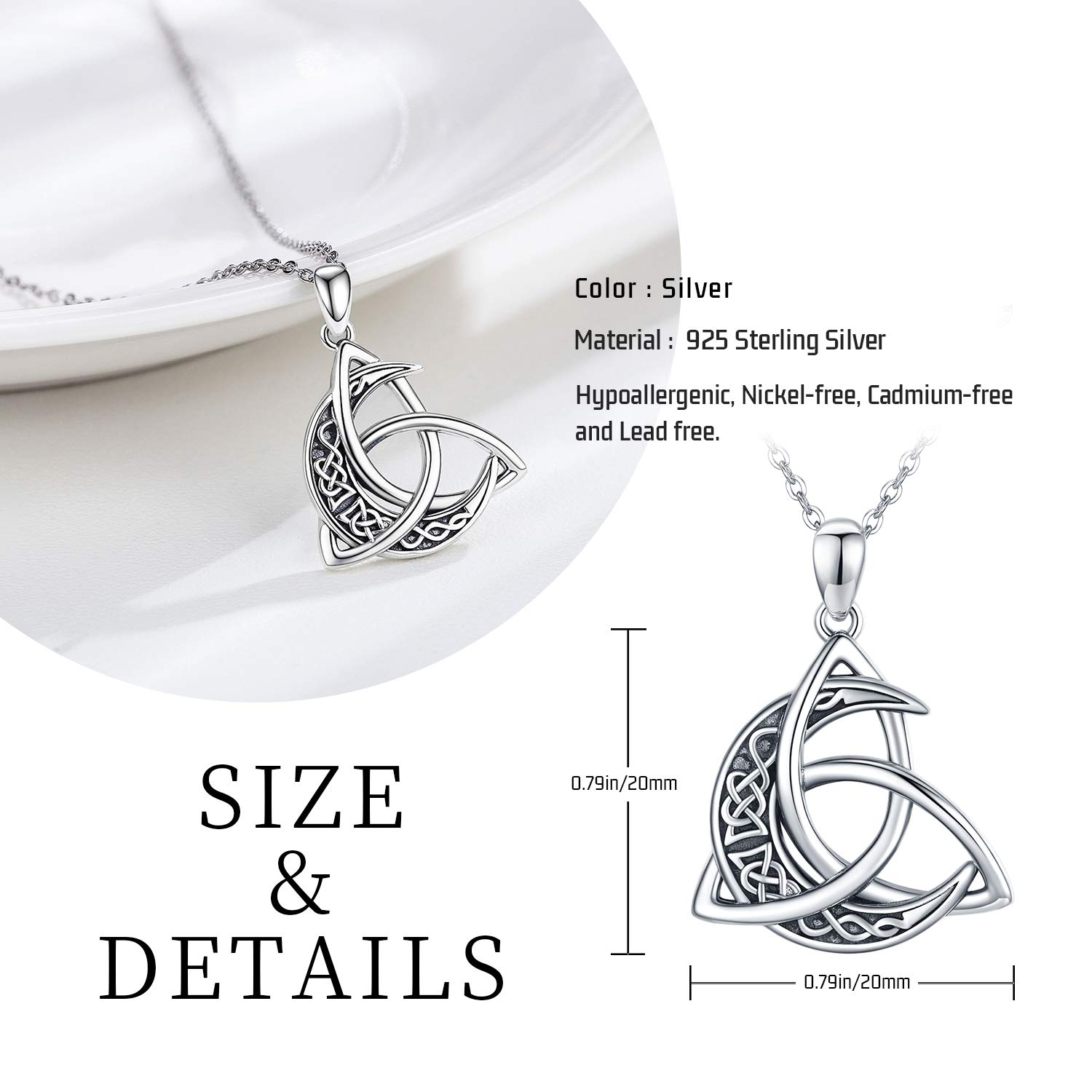 CHENGHONG Celtic Moon Necklace for Women 925 Sterling Silver Celtic Knot Moon Pendant Necklace Crescent Irish Necklace Jewelry Gift for Men