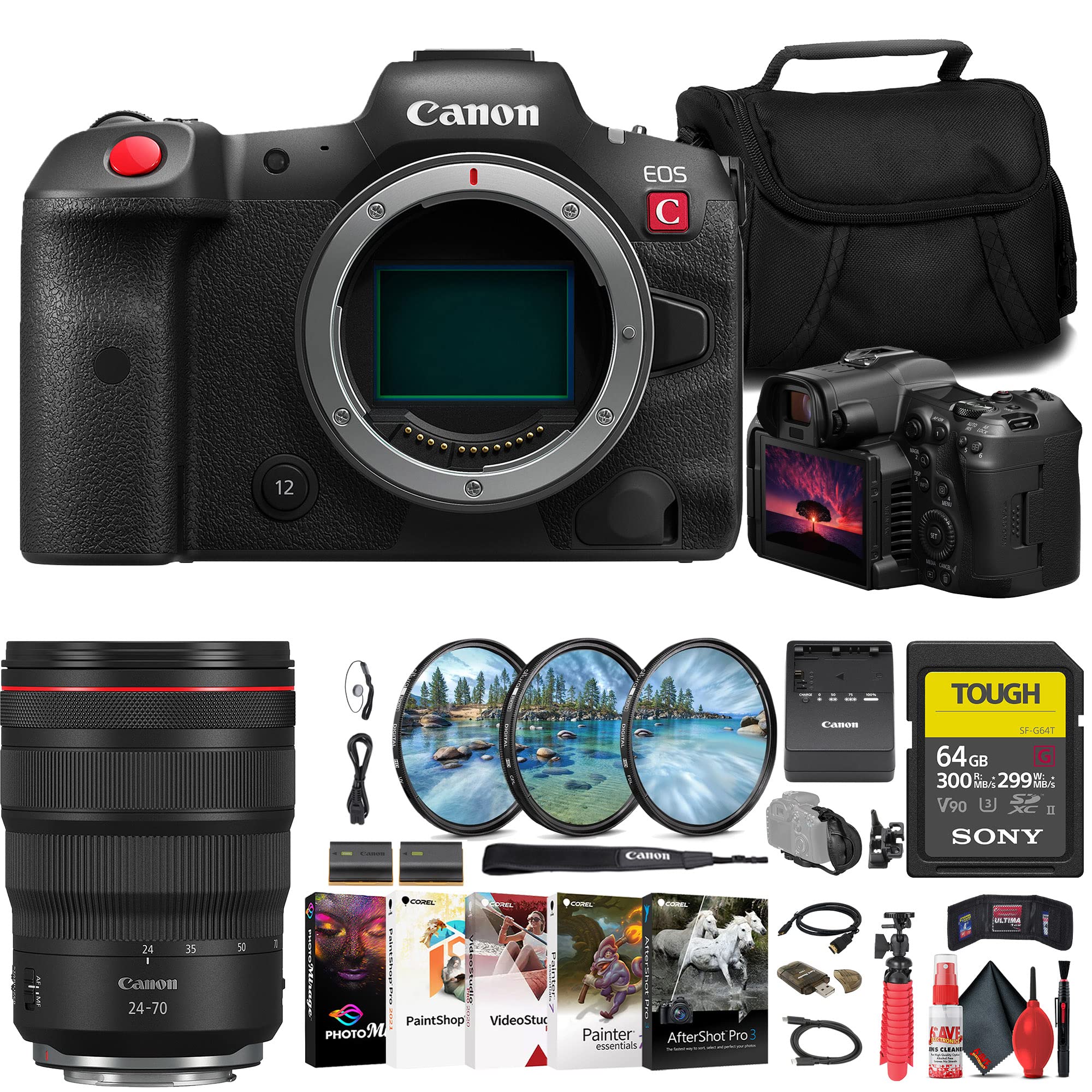 Canon EOS R5 C Mirrorless Cinema Camera (5077C002) + Canon 24-70mm Lens (3680C002) + Sony 64GB Tough SD Card + Filter Kit + Bag + LPE6 Battery + Card Reader + Corel Photo Software + More (Renewed)