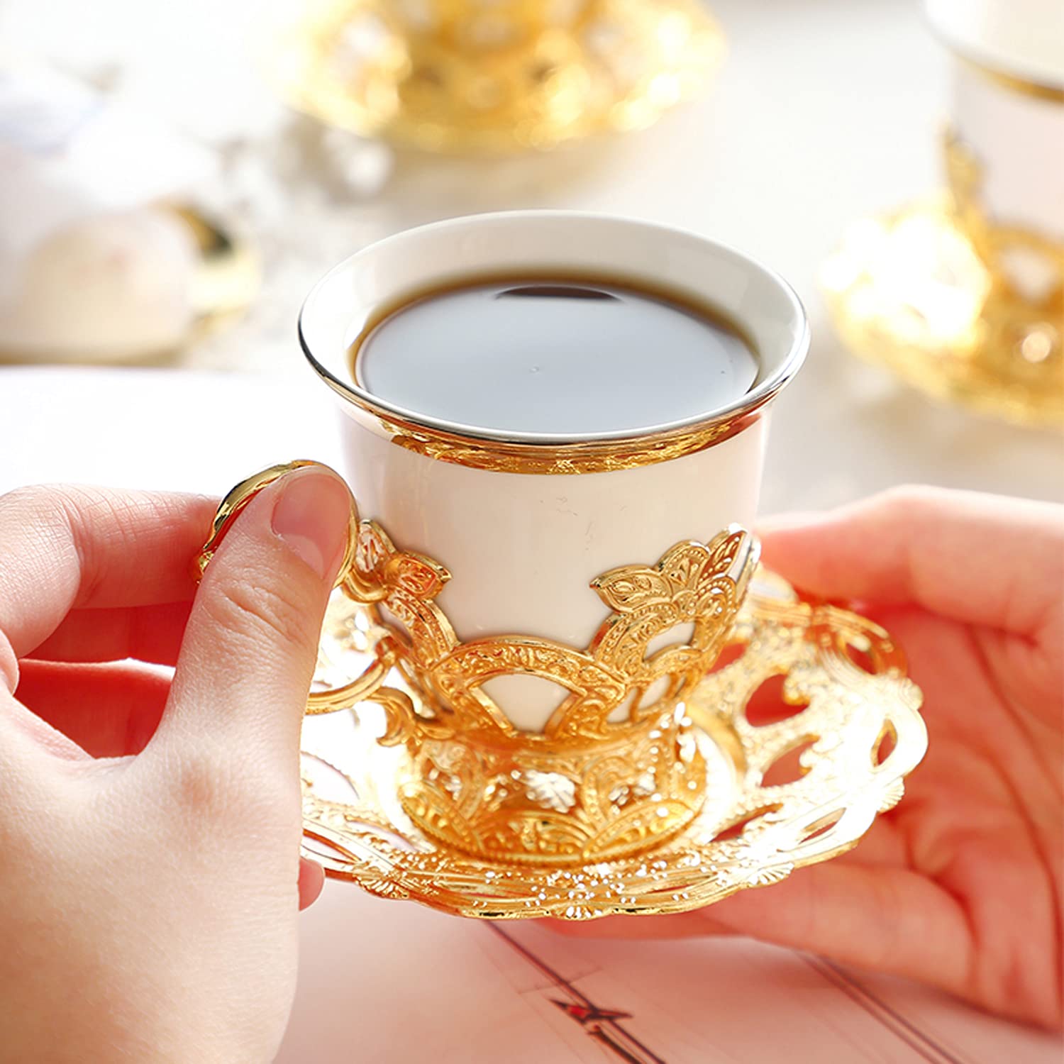 CMDHY Espresso Turkish Coffee Cups and Saucers for Women Tea Cups Set of 6 with Gift Box 2.8 Ounces (White-Golden)