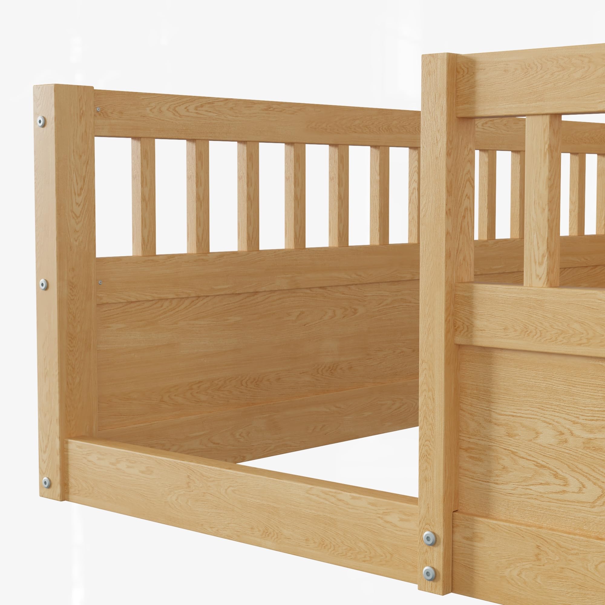 DNYN Full Size Floor Bed for Kids Bedroom,Solid Wood Bedframe w/Fence & Easy Assemble & Space Saving Design & No Box Spring Needed, Natural