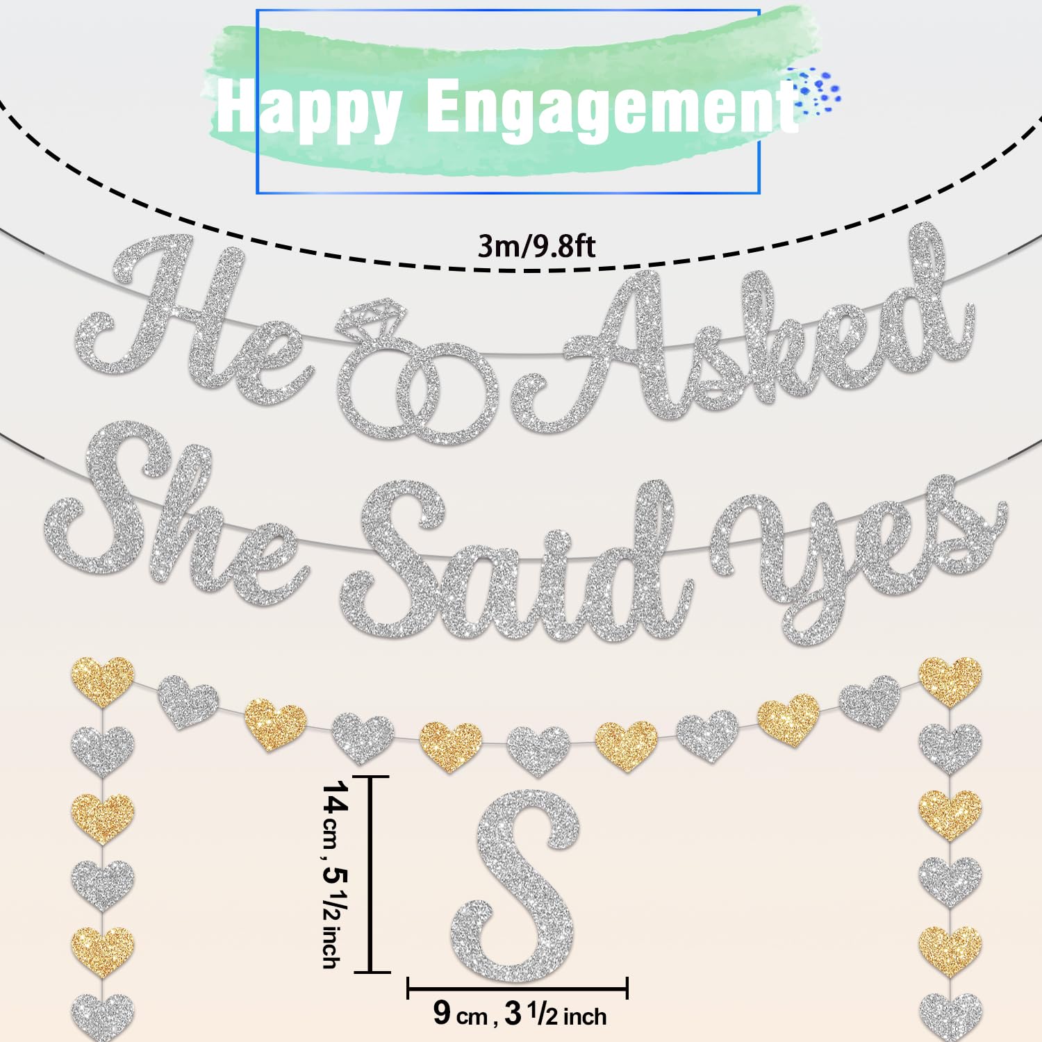 He Asked She Said Yes Banner Silver Glitter, No-DIY She Said Yes Decorations Banner with Heart Garland, Engagement Party Decorations Silver for Wedding Engagement Bridal Shower Party Decorations