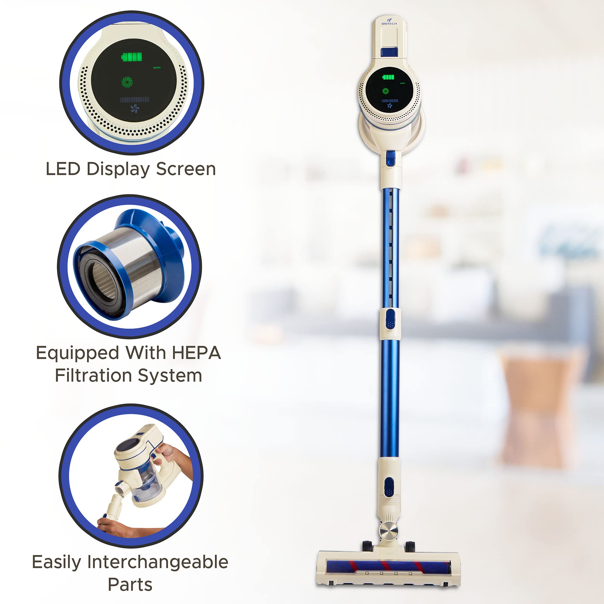 BRITECH Cordless Lightweight Stick Vacuum Cleaner, 250W Motor for Powerful Suction 30min Runtime, LED Display Screen & Headlights, Great for Carpet Cleaner, Hardwood Floor & Pet Hair (White)