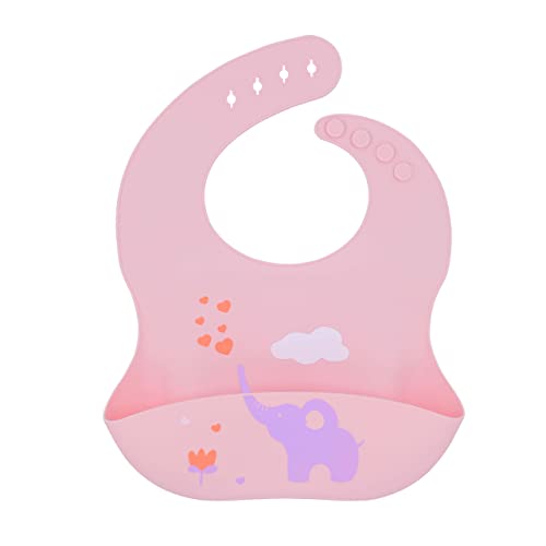 myHomeBody Waterproof Baby Bibs, Baby Bib Catcher, Baby Bib with Food Catcher, Baby Bibs Reusable, Cute Baby Bibs Silicone, Pink Elephant, 1pc