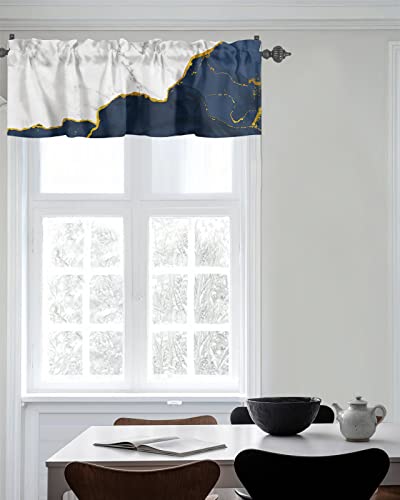 Window Curtain Valances for Kitchen Windows,Natural Marble Abstract Texture Rod Pocket Short Window Valance White Navy Blue Stone with Gold Line Cafe Treatment Valance for Living Room/Bedroom,54x18in