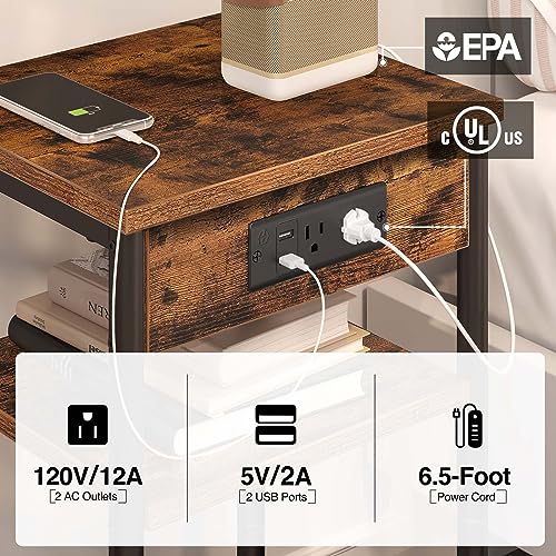 Rolanstar End Table with Charging Station, 3 Tier Slim Nightstand with Storage Shelf, Narrow Side Table with USB Ports & Power Outlets, Steel Frame for Living Room, Bedroom, Rustic Brown