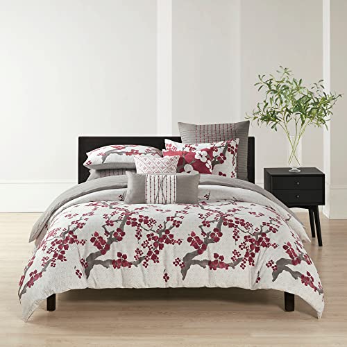 N Natori Cherry Blossom Duvet Cover Queen Size - Red, Grey , Cherry Blossom Duvet Cover Set β 3 Piece β 100% Cotton Sateen Light Weight Bed Comforter Covers