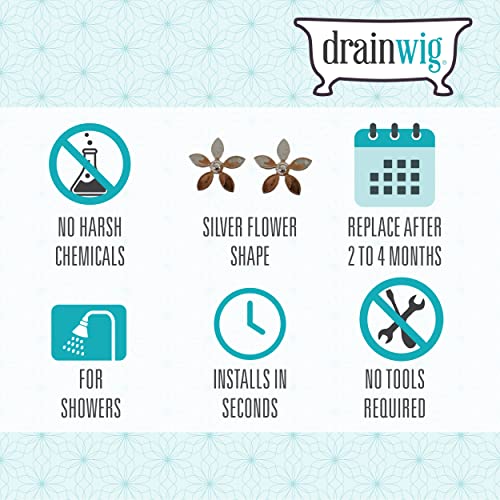DrainWig Shower Drain Hair Catcher, Disposable Drain Protector, Silver Flower, 2 Pack