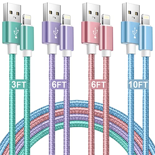 iPhone Charger Cord 4Pack【3FT/6FT/6FT/10FT】MFi Certified Lightning Cable Fast Charging Cord Nylon Braided iPhone Charging Cable Compatible with iPhone13 /12/11 /Pro Max/XR/8/7/6/6s/SE 2020-Multicolor