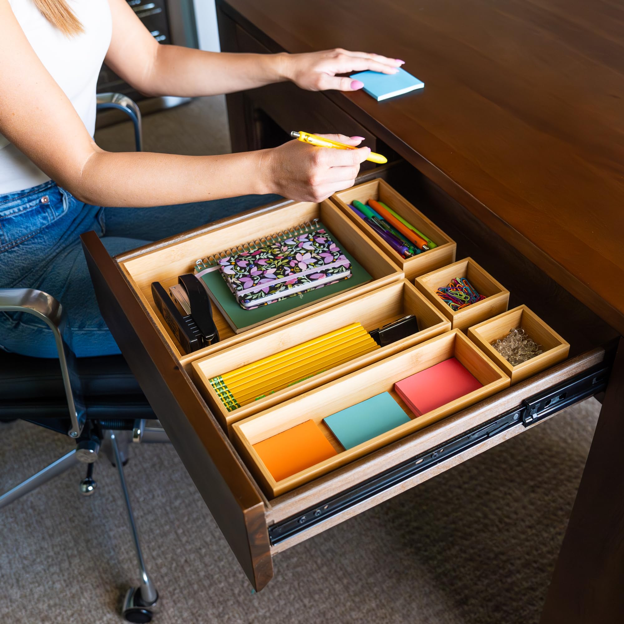 Grow Forward Bamboo Drawer Organizer Boxes - Set of 14 Wooden Drawer Organizers for Kitchen, Bathroom, Office, Desk, Vanity, Makeup - Non-Slip Junk Drawer Organizer Trays for Storage and Organization
