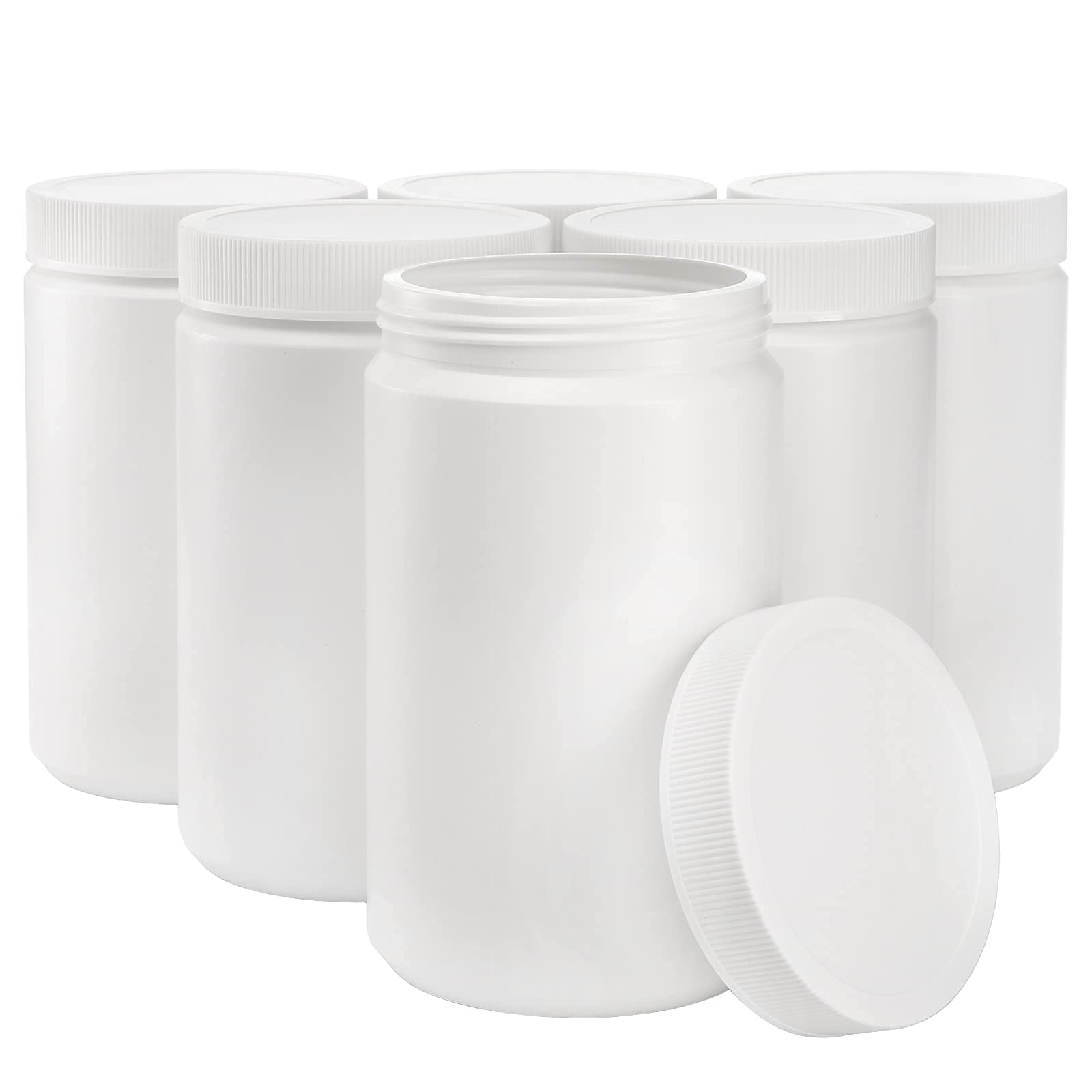 DEAYOU 6 Pack 33 Oz Plastic Mason Jars, 1 Quart Ice Cream Containers with Screw Top Lid, Plastic Freezer Jar Reusable Storage Food Canister for Yogurt, Soup, Hot or Cold Food, Salad, Butter (White)