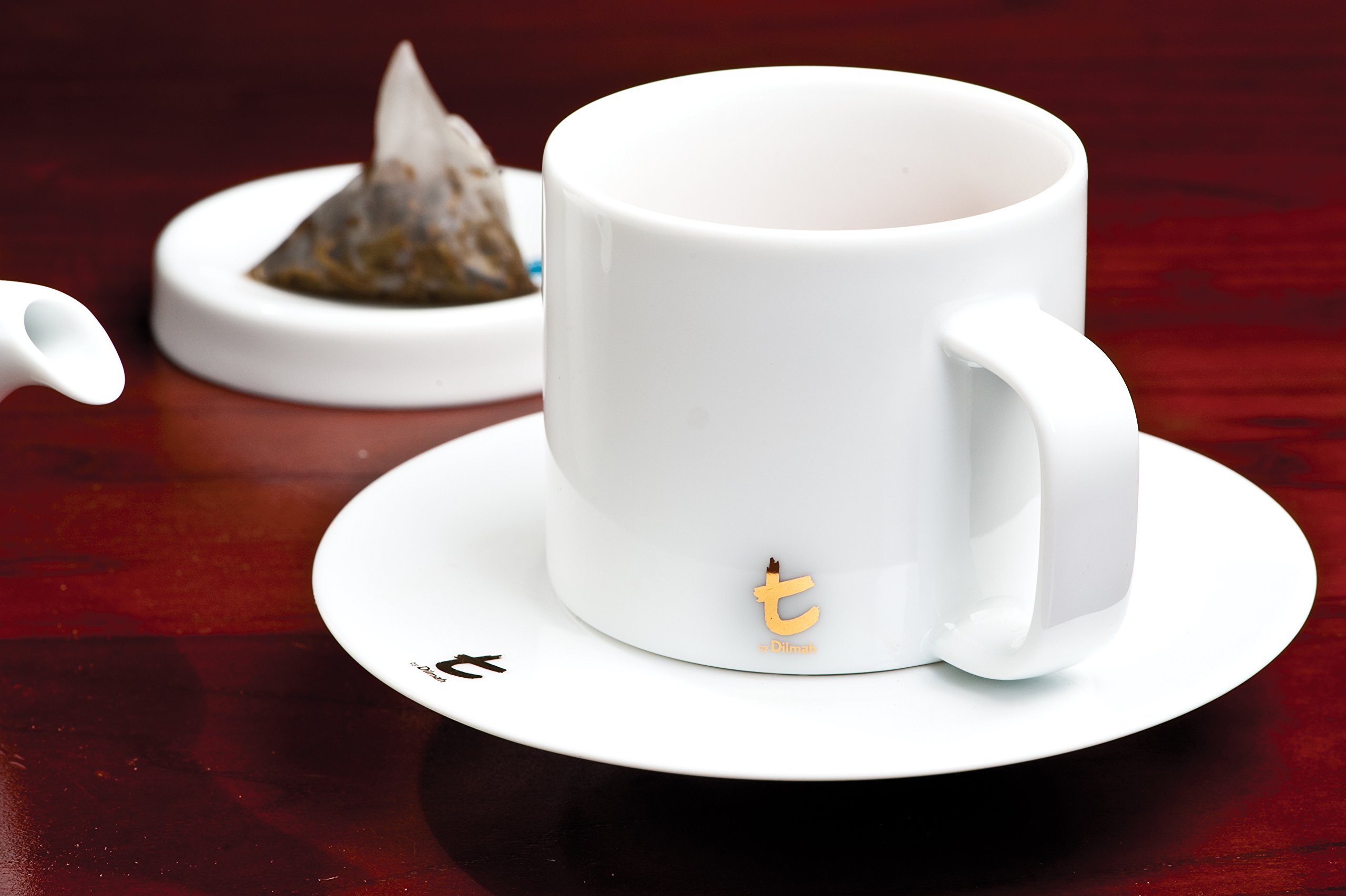 Dilmah, Tea Mug, Saucer, and Lid, Fine Porcelain, t-Series Collection, Gold Monogram, Coffee or Tea Service, 3 Piece Set, 10 Oz. volume, Pack of 2