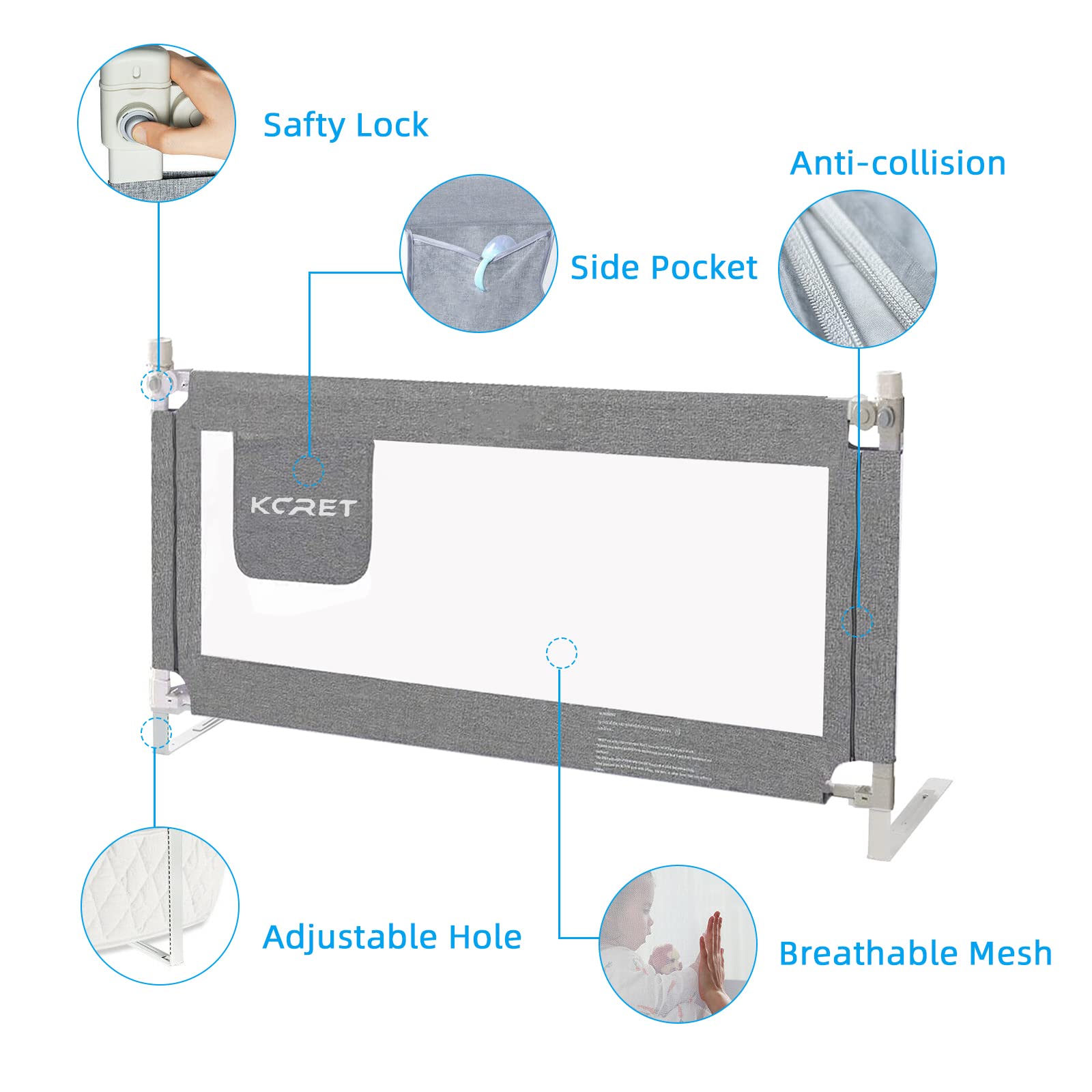 KCRET Bed Rail for Toddlers,Upgraded Infants Safety Bed Guardrail with Breathable Fabric for Twin, Double, Full-Size Queen & King Mattress (74.8"×30”, Gray)