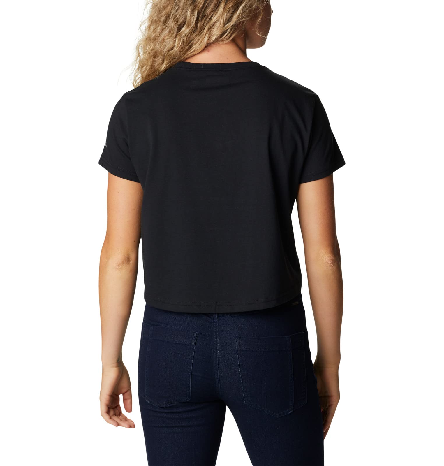 Columbia Women's North Cascades Cropped Tee, Black/Framed Halftone Logo Graphic, Medium