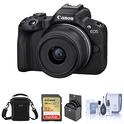 Canon EOS R50 Mirrorless Camera, Black with RF-S 18-45mm f/4.5-6.3 is STM Lens, 32GB SD Card, Shoulder Bag, 49mm Filter Kit, Cleaning Kit