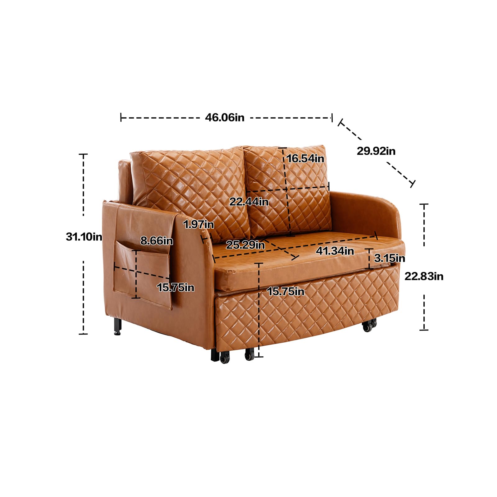KINFFICT PU Leather Pull Out Sofa Bed, Convertible Small Loveseat Sleeper with Storage Drawer and 2 Pillows, 2 in 1 Futon Couch with Removable Pocket, Modern Love Seat for Living Room, Light Brown