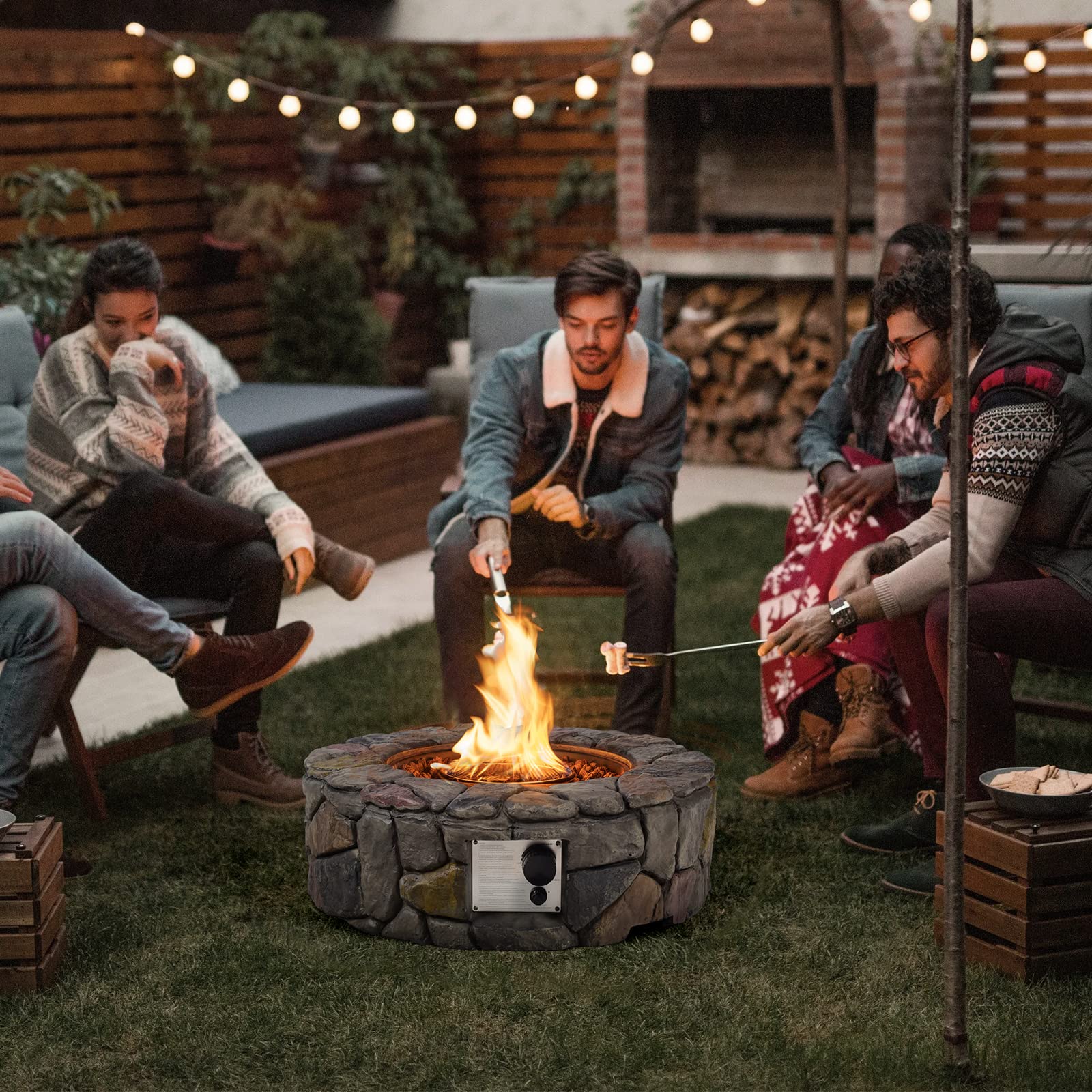 DORTALA Stone Propane Fire Pit, 28 Inch Propane Fire Pit Round w/Lava Rocks, PVC Cover, ETL Certified, Outdoor Gas Fire Pits for Outside Patio Garden Backyard, 40,000 BTU (Gray)
