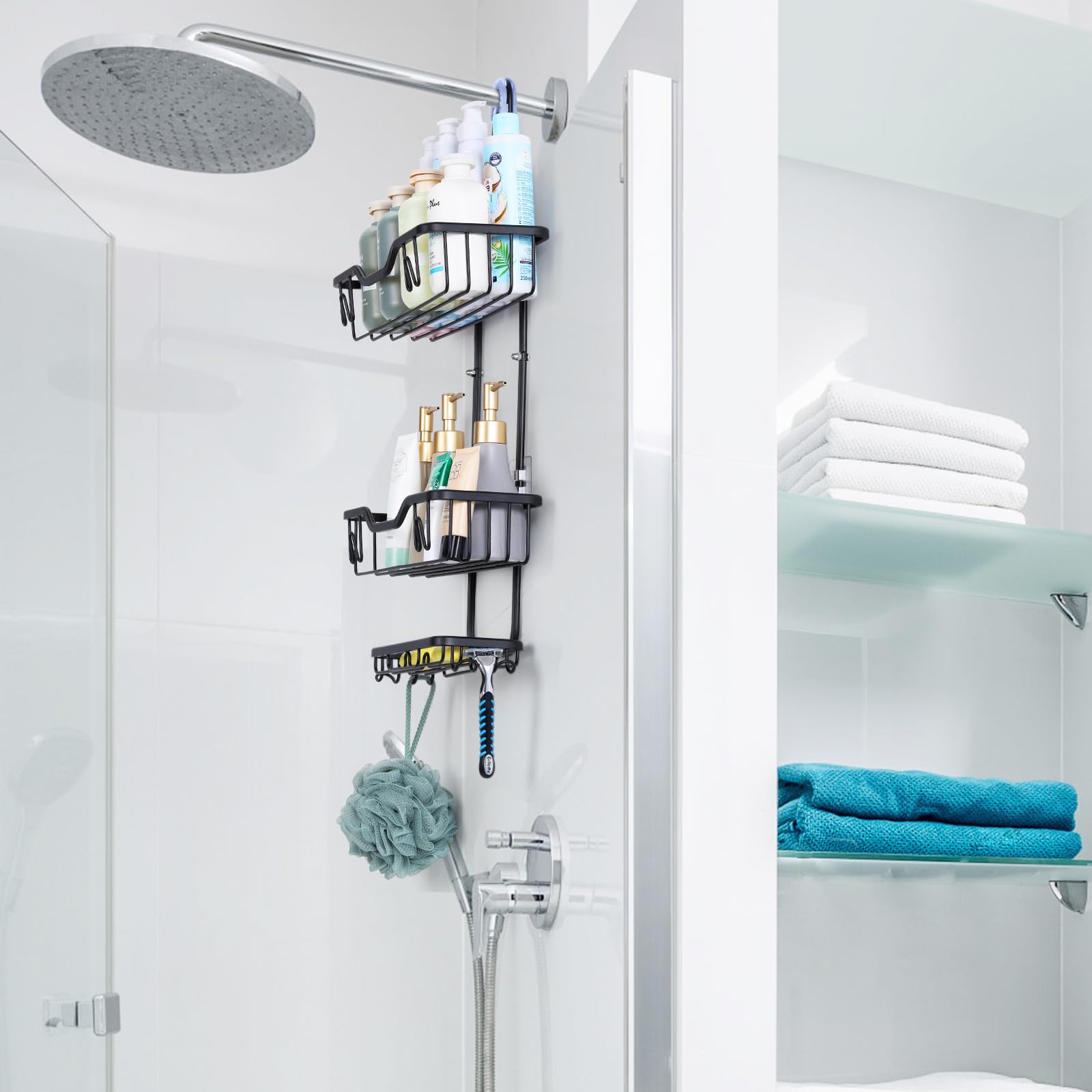 HEOMU Bathroom Hanging Shower Caddy, Shower Organizer Shelves with 4 Hooks, Rustproof & Waterproof Shower Storage Rack for Shampoo, Conditioner, Soap, Bath Sponge, Silver