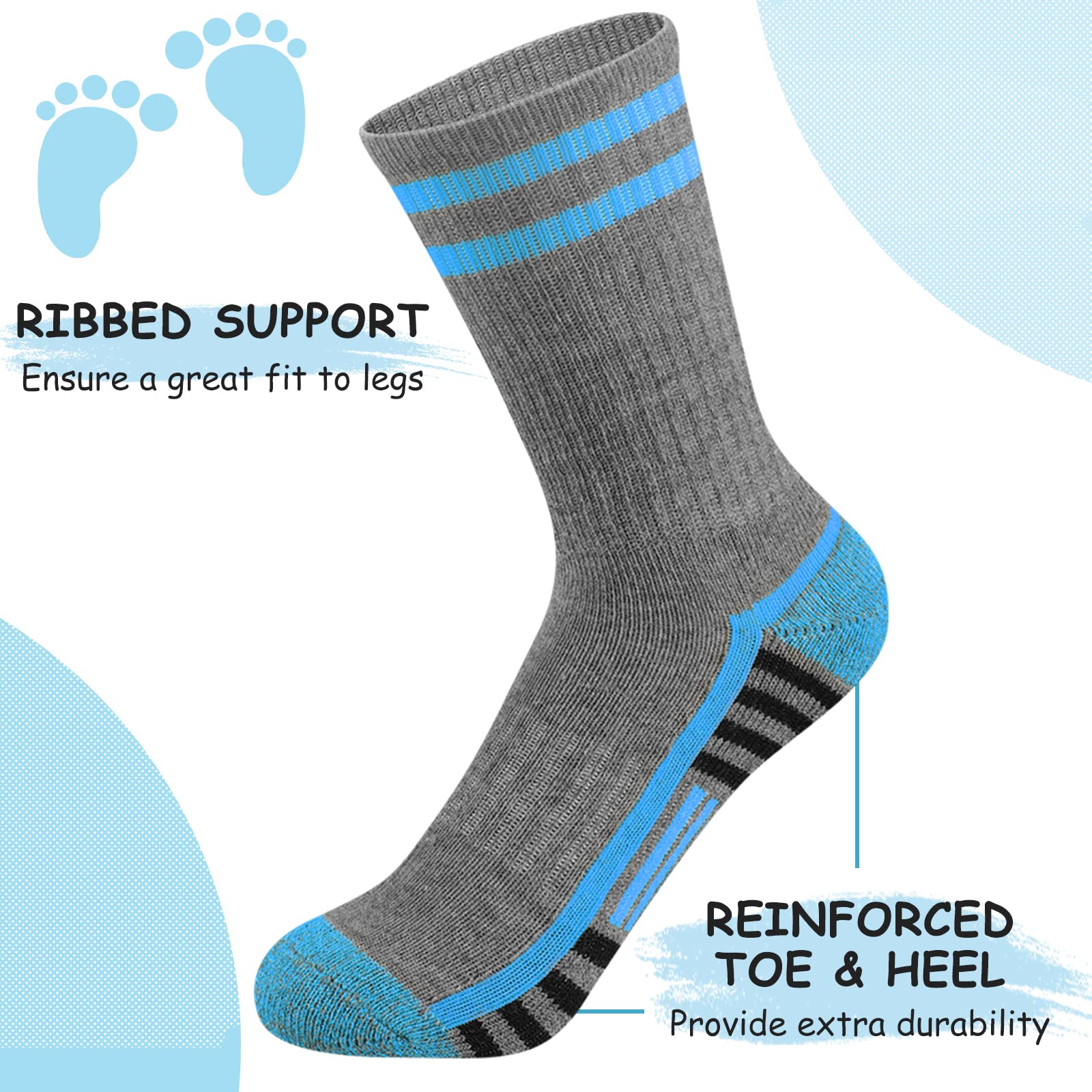 Comfoex Boys Crew Socks 4-6 6-8 8-10 Years Old Athletic Long Cotton Socks For Kids Half Cushioned Calf Socks 6 Pairs
