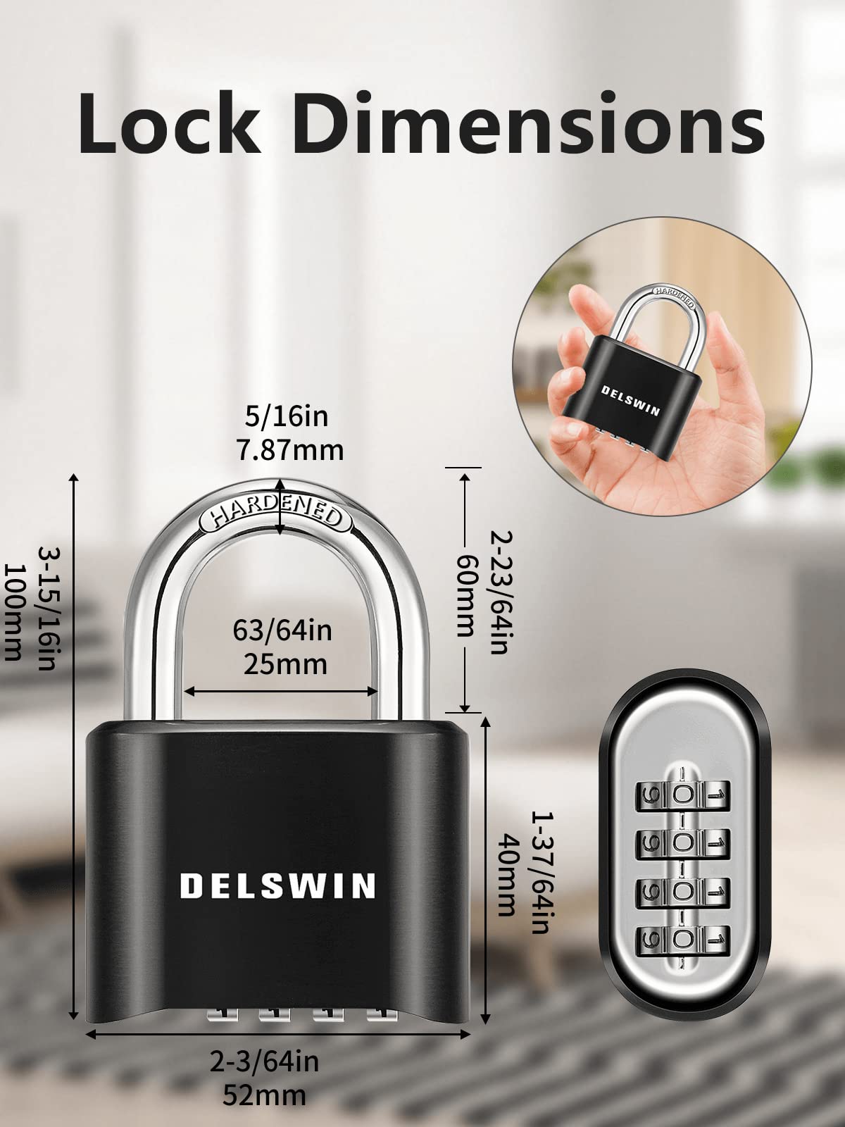 DELSWIN 4-Digit Combination Lock Outdoor Padlock - Heavy Duty Locker Lock with Hardened Steel Shackle, Waterproof Combo Lock for Gym Locker, Hasp Storage, Shed, Fence, Gate (Black,1Pcs)