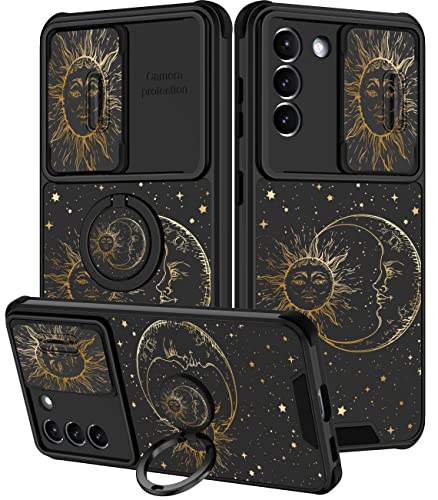Goocrux (2in1 for Samsung Galaxy S21 Case Sun and Moon Stars for Women Girls Cute Space Phone Cover with Slide Camera Cover+Ring Holder Fashion Golden Print Design Cases for Galaxy S21 5G 6.2''