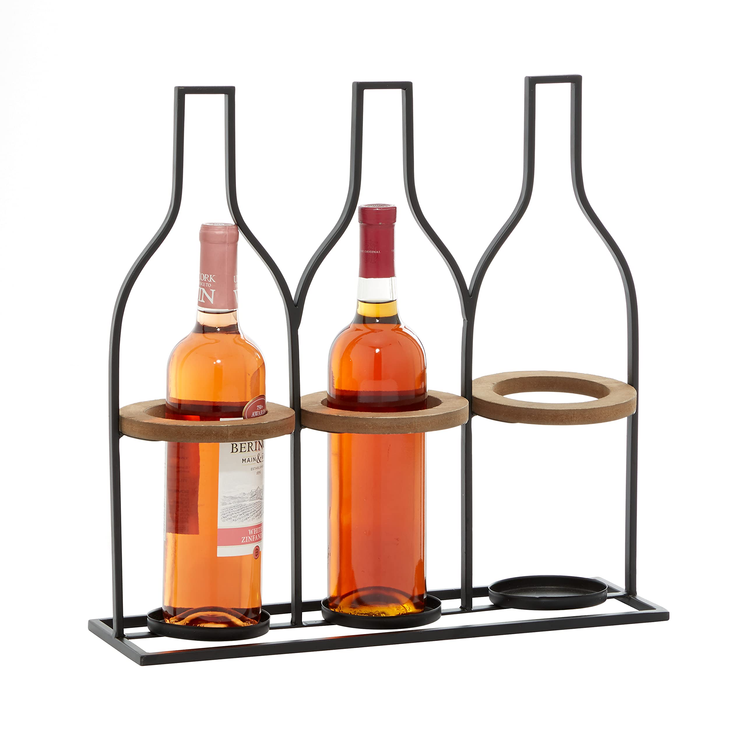 Deco 79 Metal Bottle Shaped 3 Bottle Wine Holder, 17" x 5" x 16", Black