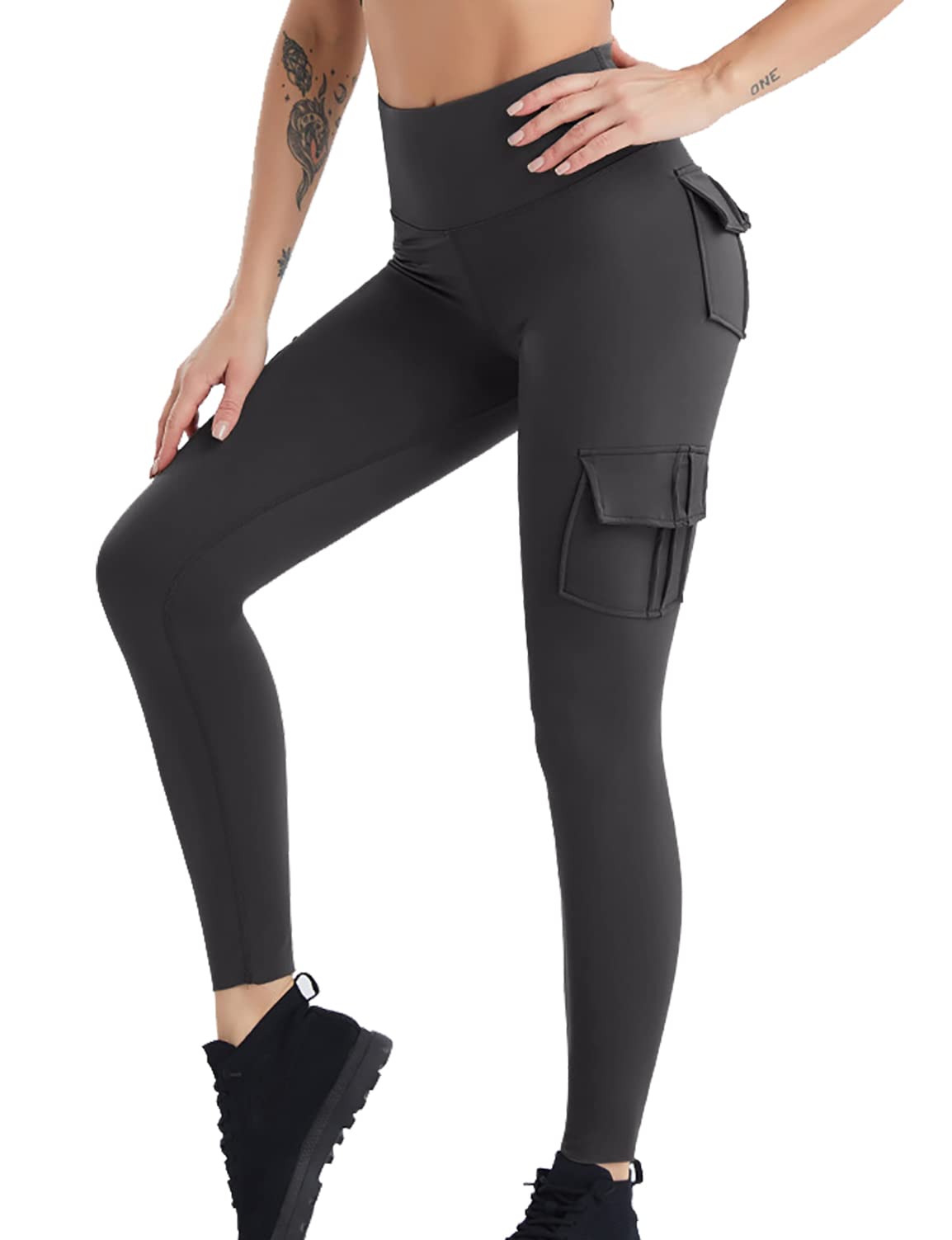 COMFY ONE Black Leggings with Pockets Tummy Control Back Pockets Yoga Workout Pants Gym Tights Leggings for Women SKU42cargoblackXL