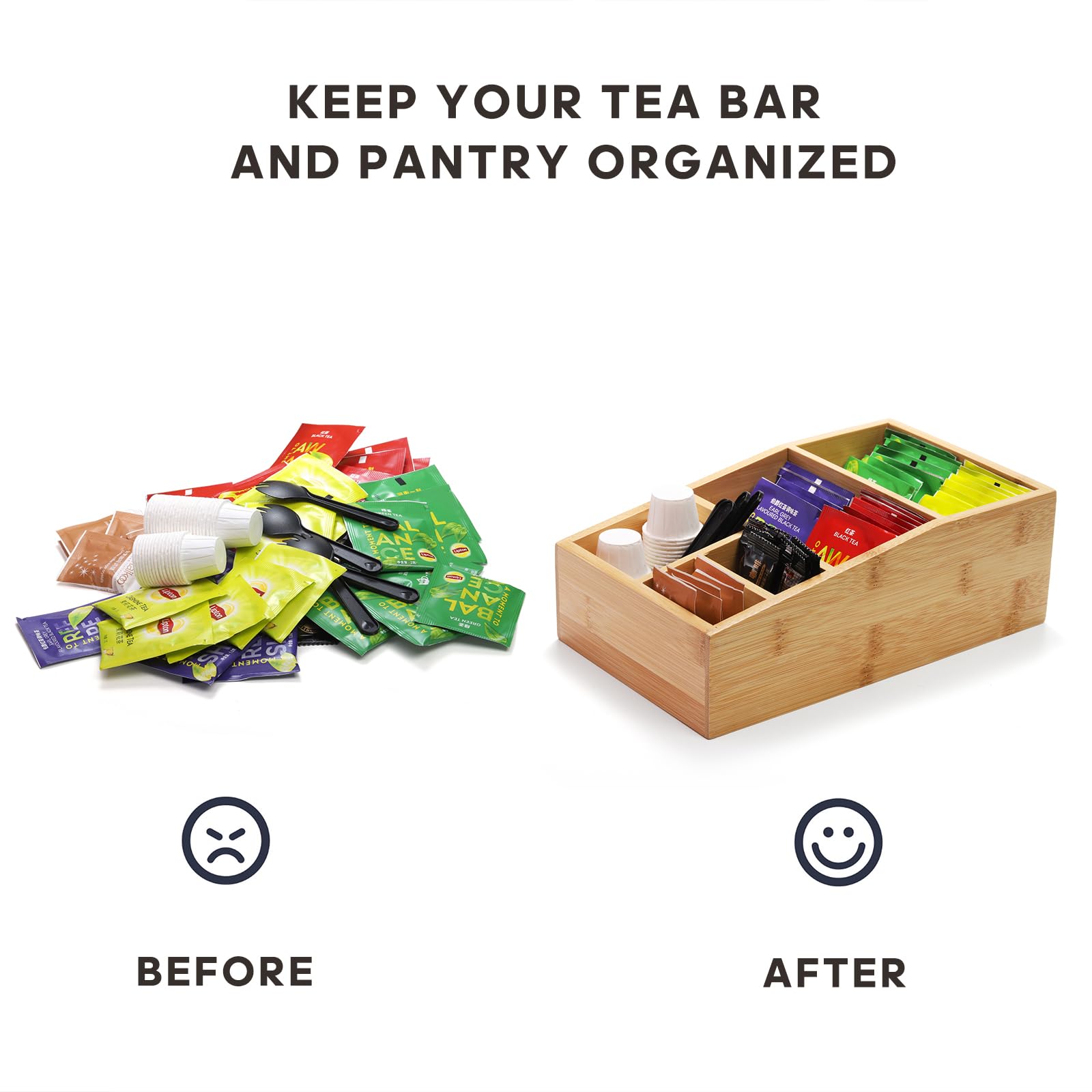 Dicunoy 2 Pack Bamboo Tea Bags Organizer, Wood Coffee Supplies Holder Box, Coffee Condiment Station Storage with 5 Compartments for Sugar Packet, Stirrer, Creamer Singles, Sweetener