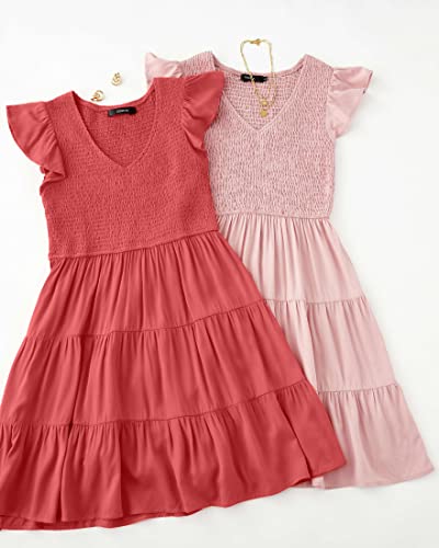 ZESICA Womens 2023 Summer Casual V Neck Flutter Sleeve Bohemian Ruffle Smocked A Line Swing Mini Dress,Watermelon,Small