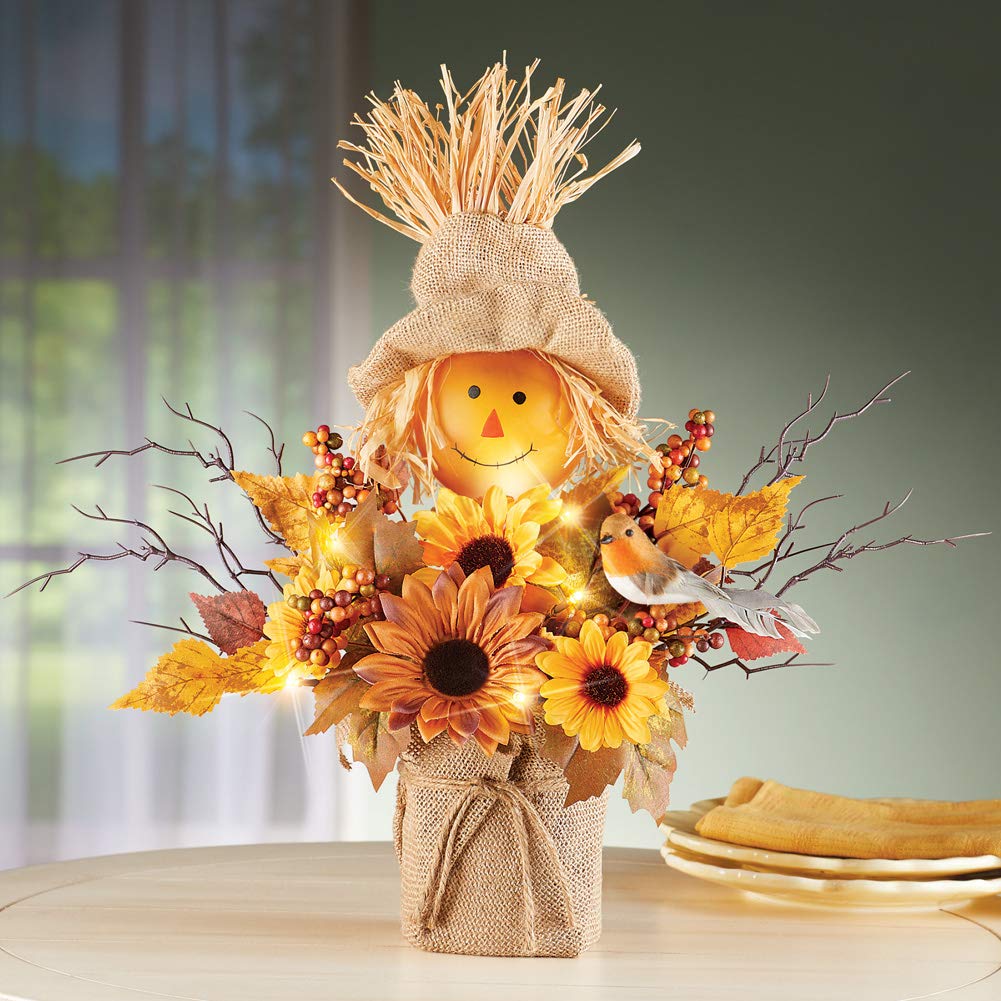 Collections Etc Cute Lighted LED Scarecrow and Sunflowers Harvest Centerpiece Arrangement - Perfect Thanksgiving Tabletop Decoration