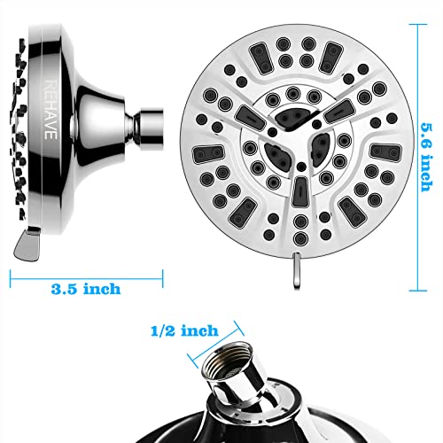 Shower Head, REHAVE Rainfall ShowerHead, 5.1 Inches High-Pressure with 63 Jets 8 Spray Modes - Replacement for Bathroom Shower Heads - Anti-Clogging Silicone Nozzles, Brass Angle-adjustable Ball Joint