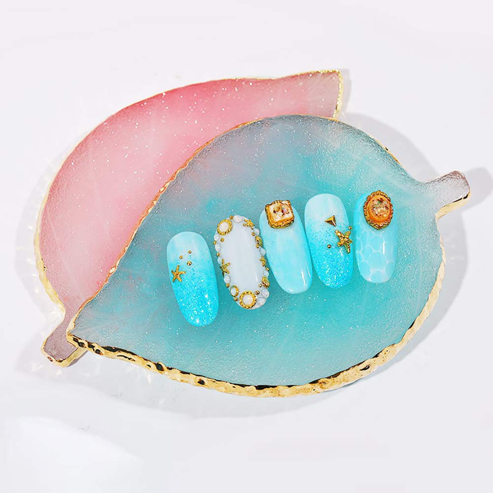 ccHuDE 1 Pcs Leaf Resin Nail Art Palette Painting Makeup Palette Tray Cosmetic Nail Gel Polish Colors Mixing Pallet Blue