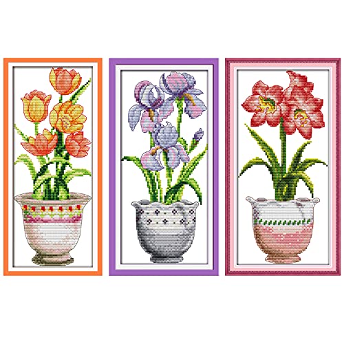 ITSTITCH Cross Stitch Kits for Adults 3 Pack Flowers Crossstitching Kits Preprinted 11CT Printed Cross Stitch Kits for Beginner Prestamped Easy Pattern Needlepoint Kits Crafts for Decor 7.5x15 inch