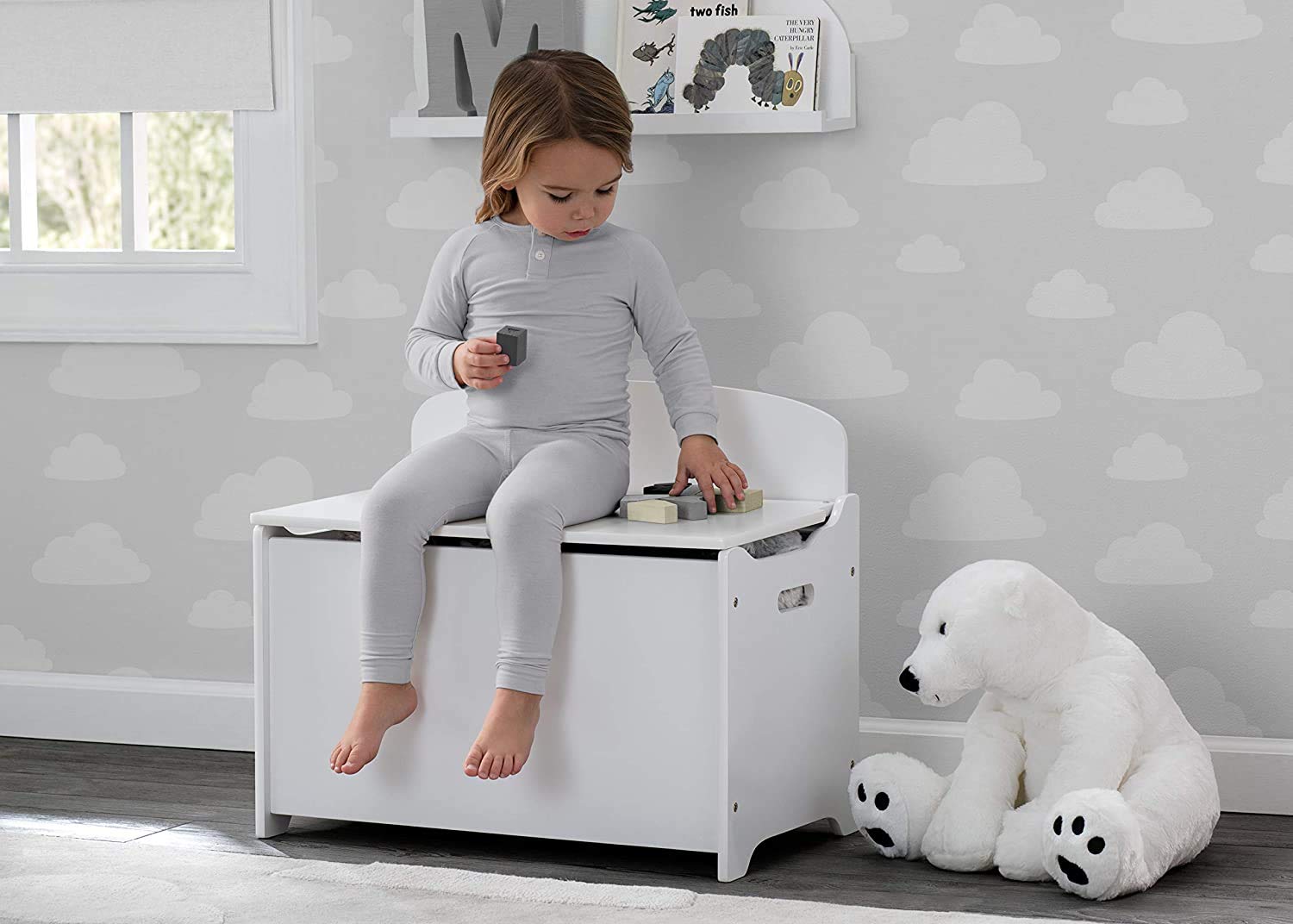 Delta Children MySize Deluxe Toy Box - Greenguard Gold Certified, Bianca White & 4-Piece Toddler Playroom Set, Grey/White