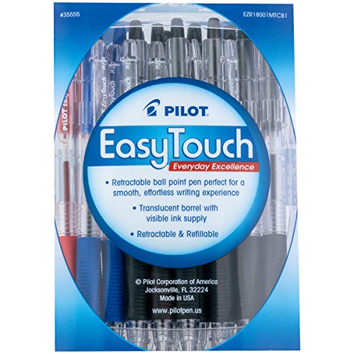 PILOT EasyTouch Refillable & Retractable Ballpoint Pens, Medium Point, Black, Red, Blue Inks, 18-Pack (35555)