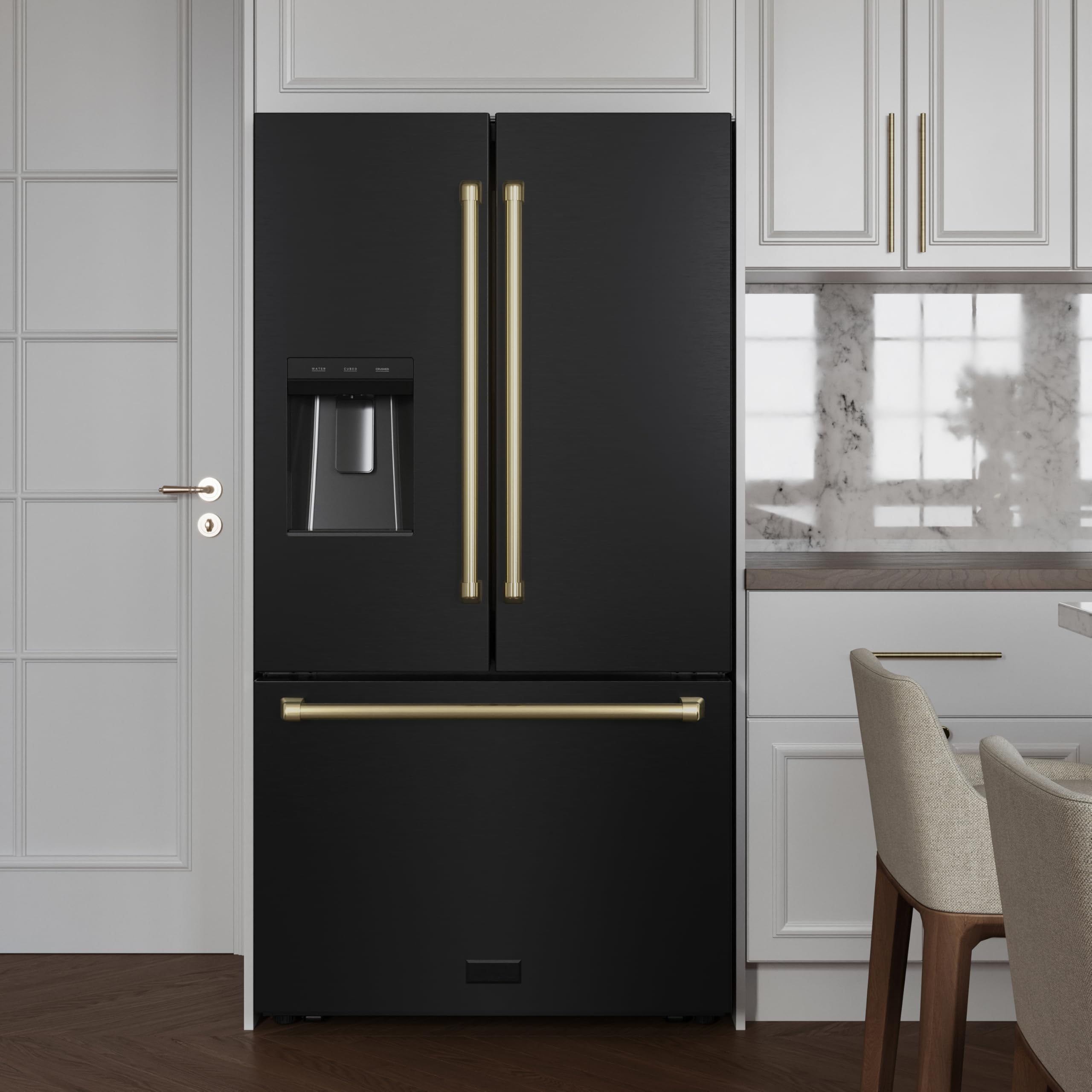 ZLINE Autograph Edition 36 in. 28.9 cu. ft. Standard-Depth French Door External Water Dispenser Refrigerator with Dual Ice Maker in Black Stainless Steel and Champagne Bronze Traditional Handles