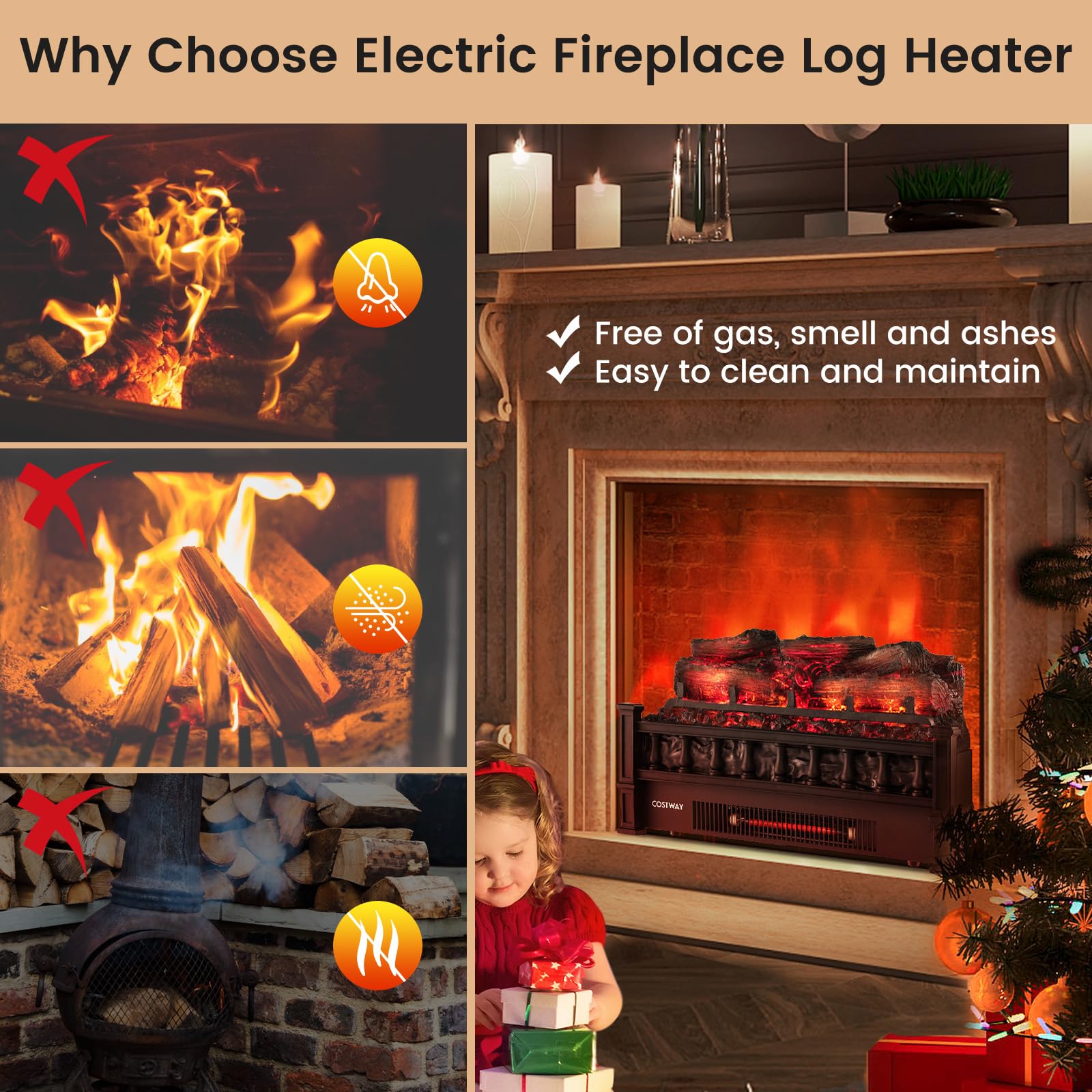 COSTWAY Eternal Flame Electric Fireplace Log, 20-inch Fireplace Insert Log Heater with Realistic Pinewood Ember Bed, Adjustable Temperature, Infrared Electric Fireplace Log for Home Decor, Black 1500W