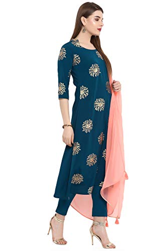 Janasya Indian Women's Tunic Tops Crepe Kurti Set with Dupatta for Women(SET058-KR-NP-S) Turquoise