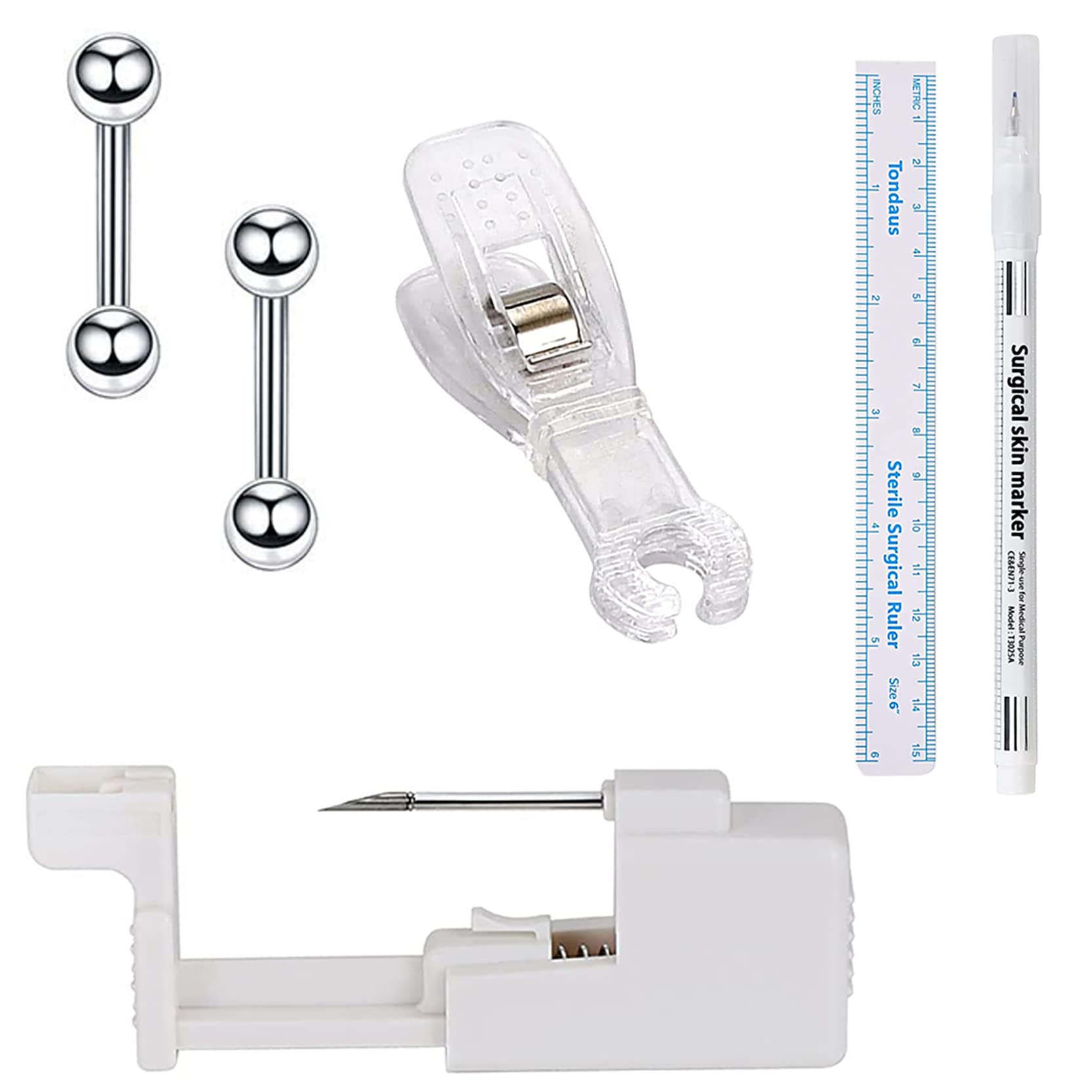 CHUANCI 6PCS -12PCS Body Piercing Kit - 16G Earring Lip Ring Hoseshoe Barbell with Body Piercing Gun and Piercing Clamp Remark Pen Piercing Kit (12PCS All Jewelry Set)