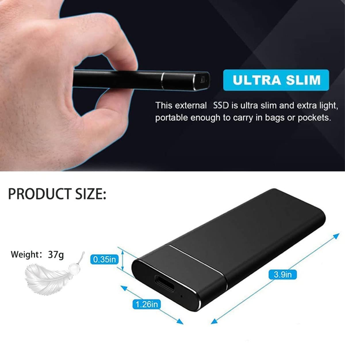External solid state drive 2000GB Protable SSD External Hard Drive high speed USB 3.1 Type-C External SSD 2000GB Protable Hard Drive External SSD Compatible with PC, Laptop, Desktop and Mac (Black)