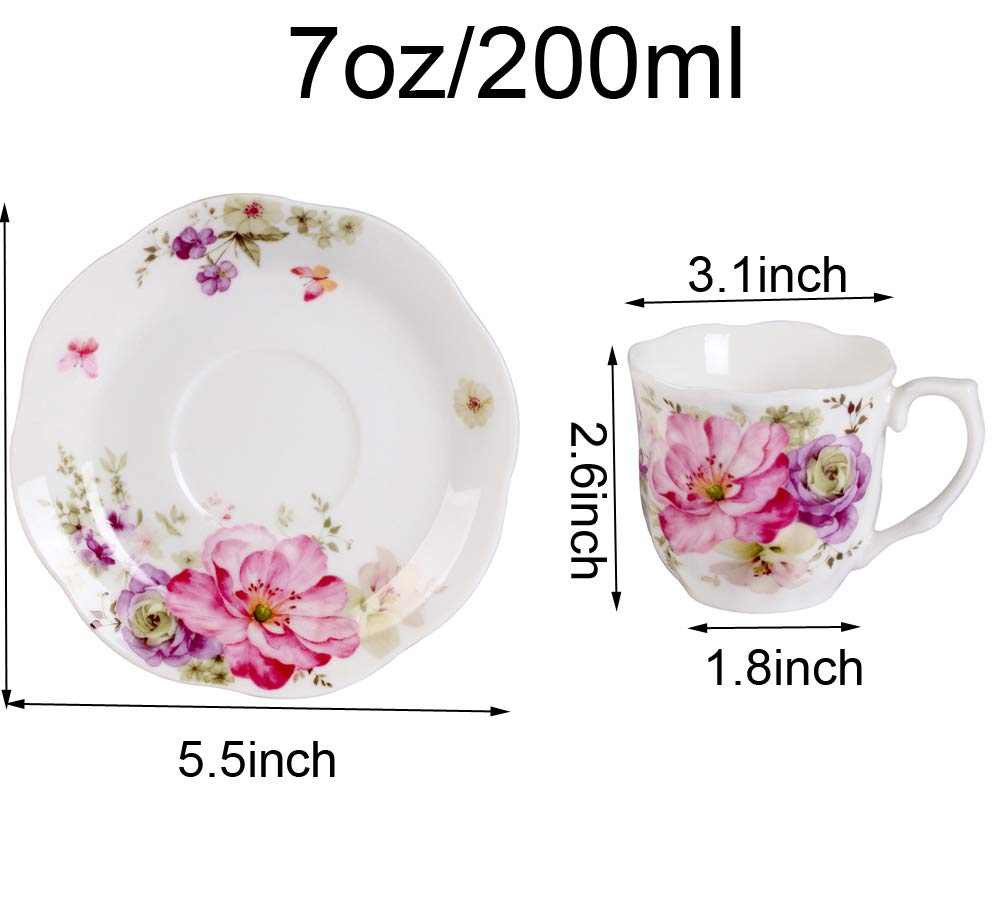 GuangYang GY 12 PCS Tea Set - 7oz New Bone China tea Cups and Saucers with Pink Flower Pattern Porcelain Cups for Mocha Cappuccino Tea and coffee